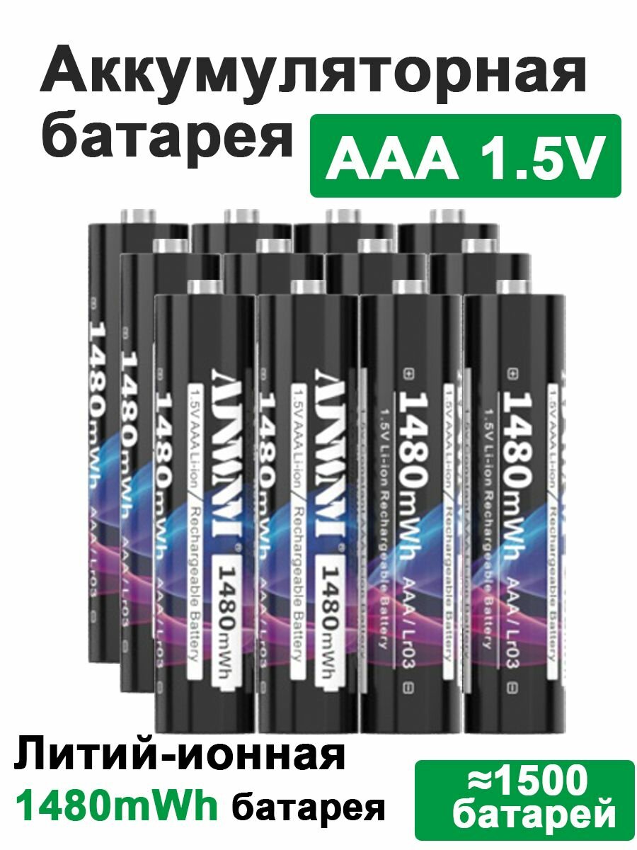 AJNWNM Аккумуляторная батарейка AAA, 1480 мАч, 12 шт