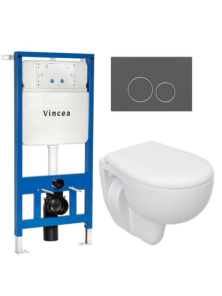 Комплект 4 в 1 Унитаз подвесной Seramiksan Natura A051041H / Сиденье AG50002 / Инсталляция Vincea VIS-601, Кнопка VFP-005GM цвет вороненая сталь