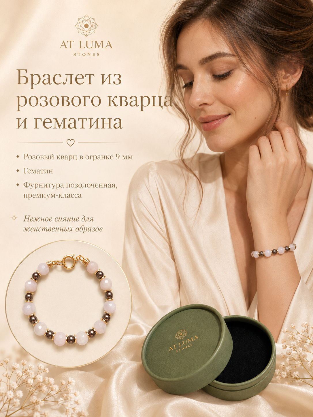 Браслет, гематит, кварц розовый