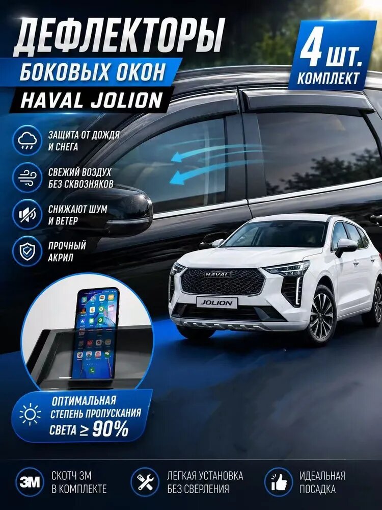Дефлекторы окон 4 шт. для Haval Jolion, ABS пластик, черные, защита от дождя и снега