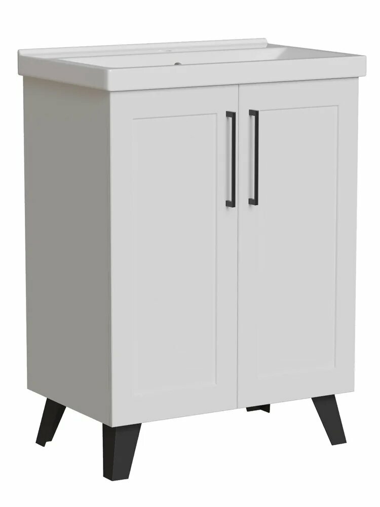 Тумба с раковиной Mixline Риф 60 напольная, 60,5 см, белая, из МДФ, с дверками, раковина для ванной, фарфоровая, прямоугольная, встроенный слив-перелив