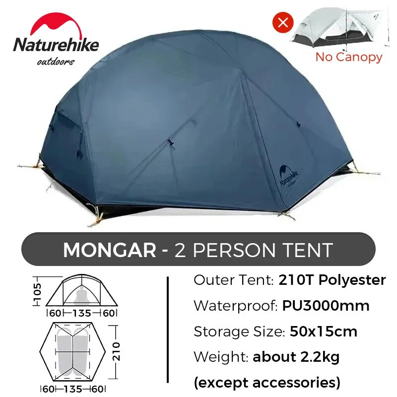 Палатка Naturehike Mongar на 2 человека Ультralight Палатка для кемпинга Палатка для отдыха на открытом воздухе Двухслойная водонепроницаемая палатка Палатка для 3 сезонов Портативная палатка