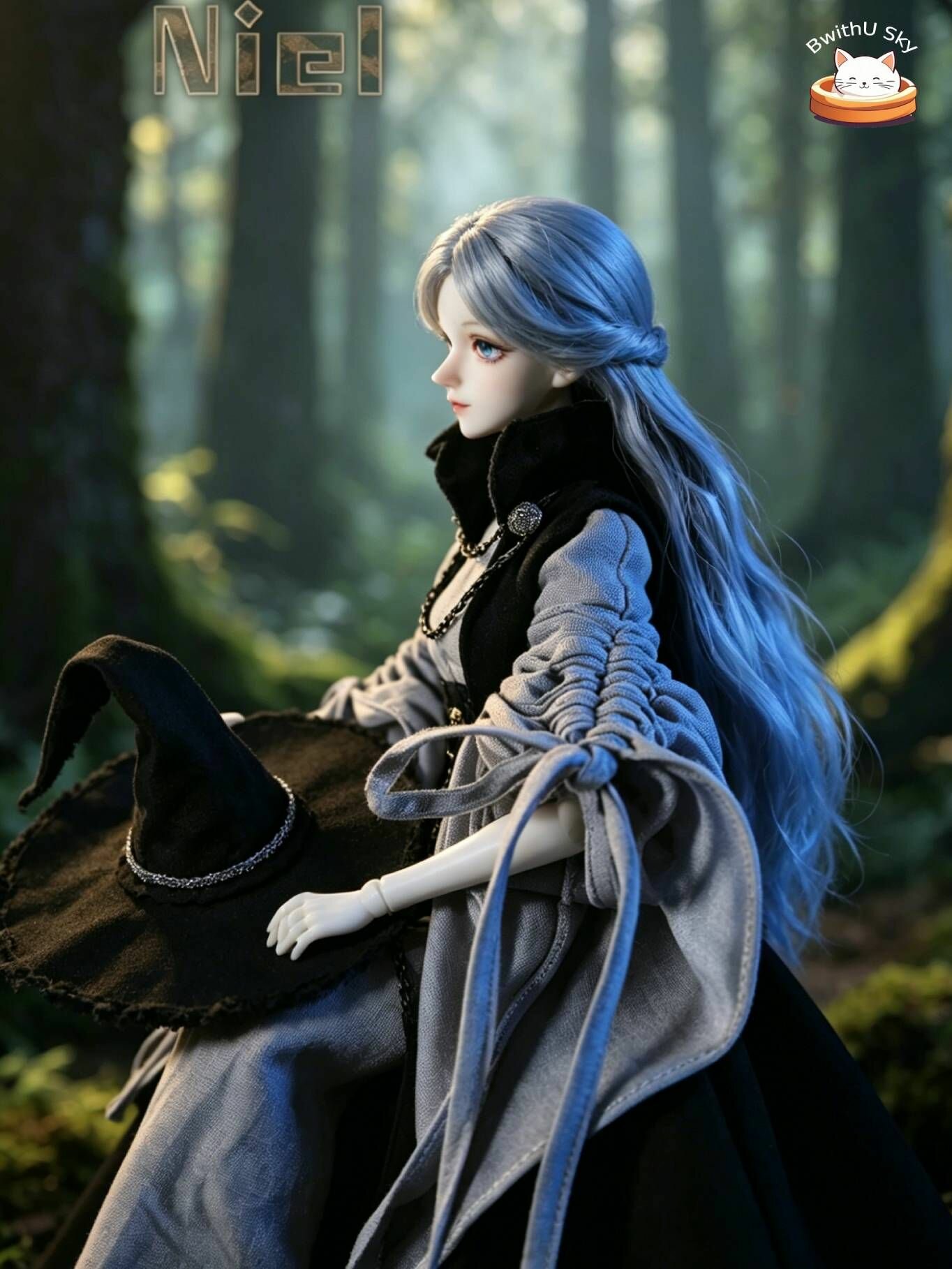 BwithUSky Niel 1/4 BJD Кукла: Четырехрукая мистическая ведьма в винтажном стиле с широкой рваной шляпой и льняным платьем
