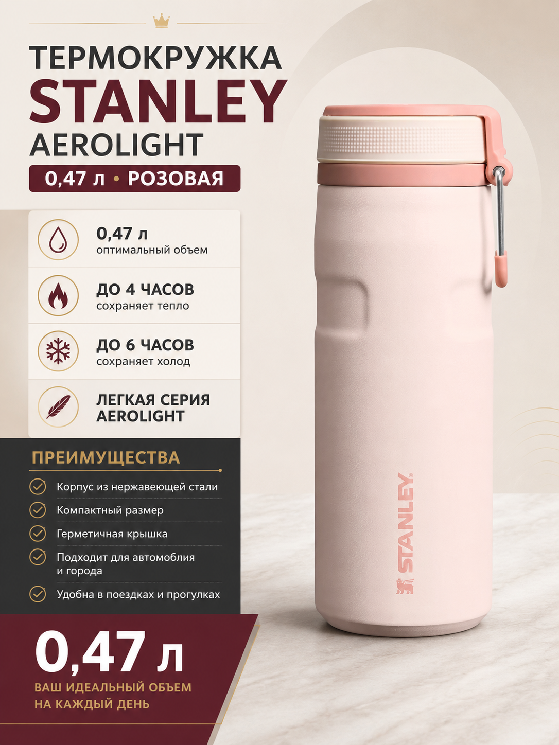 Термокружка STANLEY Aerolight 0,47L (10-13973-002) розовая