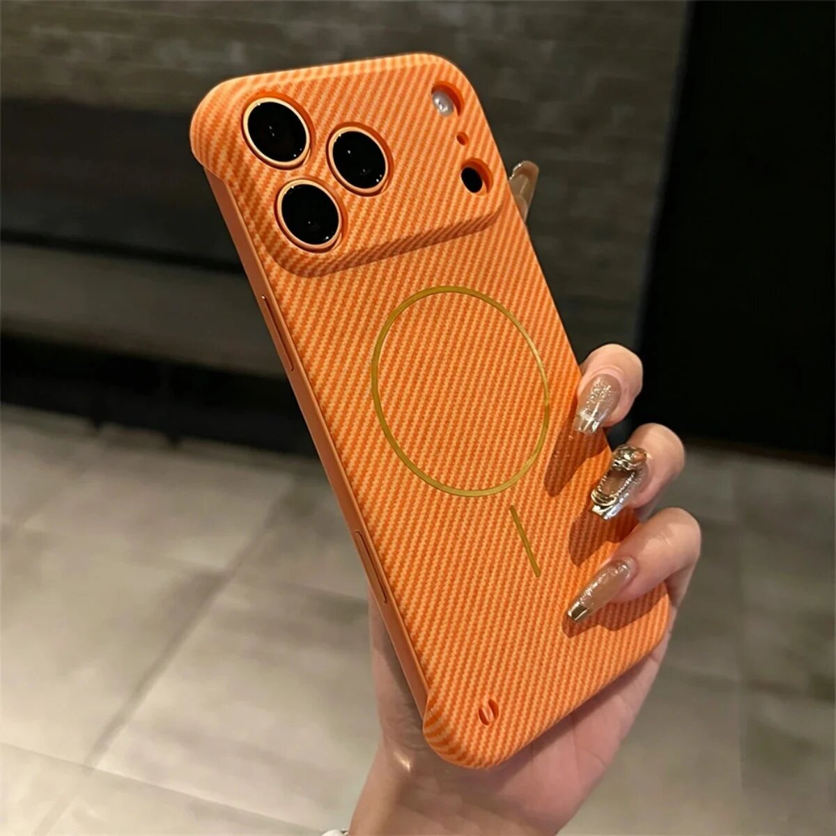 Роскошный безрамочный чехол из кевларового углеродного волокна для iPhone17 Про, Оранжевый, F3