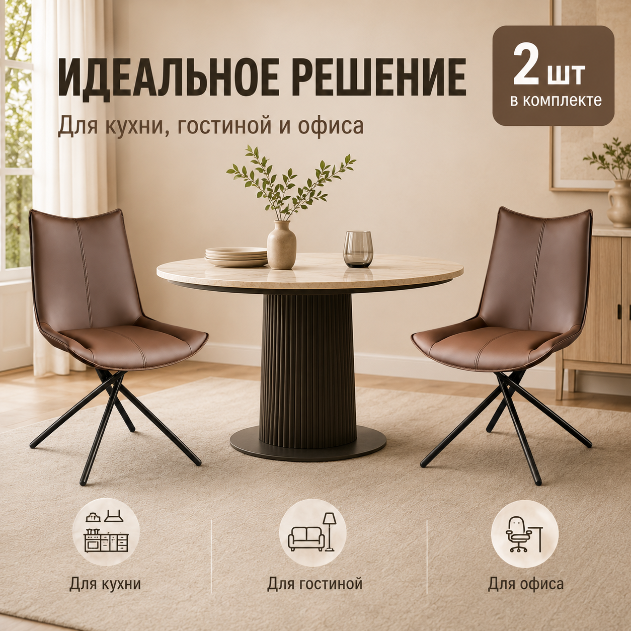 Два стула из искусственной кожи с металлическими крестообразными ножками современного дизайна, 2 шт. — фото 1