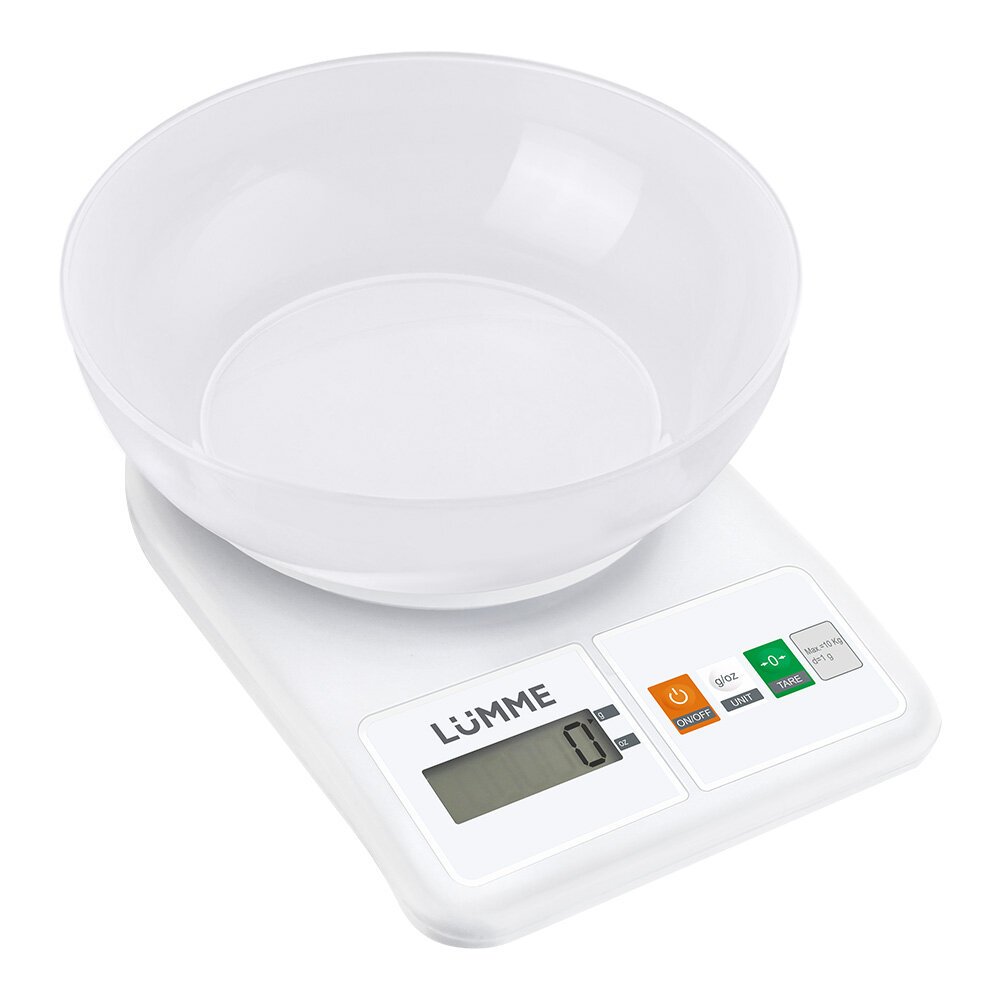 Кухонные весы LUMME LU-SC1360, белый/белый, LCD Дисплей, функция "Тара", 10кг, 1г, пластик