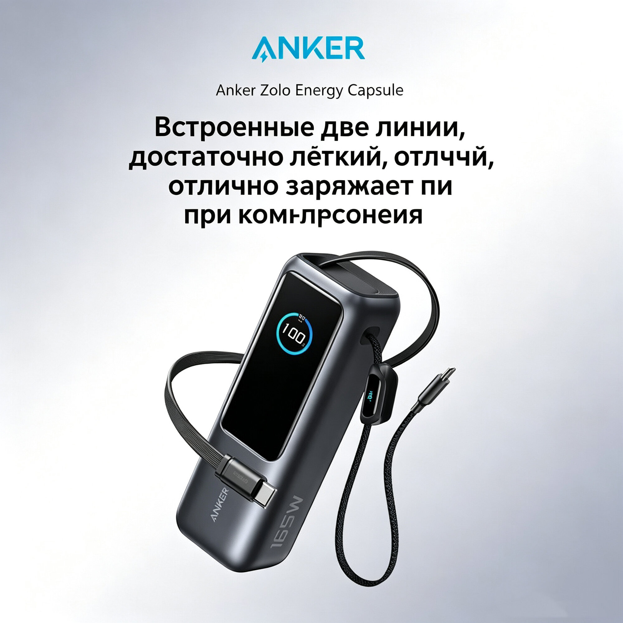 Внешний аккумулятор Anker 25K Mah 165W встроенный USB-C и выдвижной кабель, серебристый