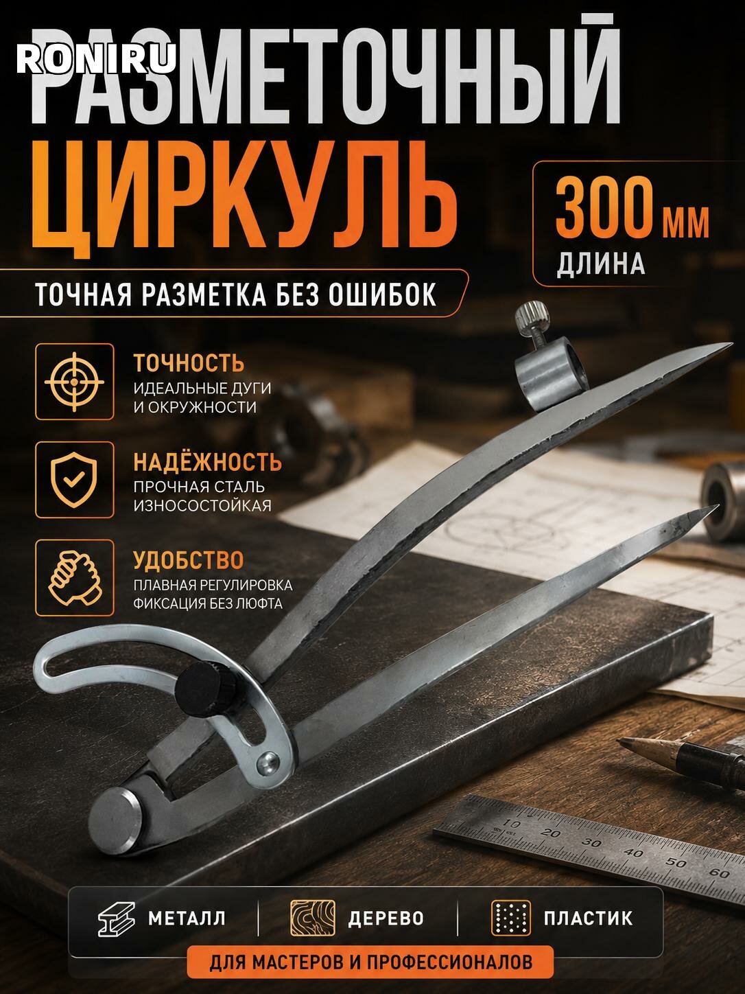 Разметочный циркуль 300 мм для точной разметки и черчения на металле, дереве и пластике — идеален для мастеров