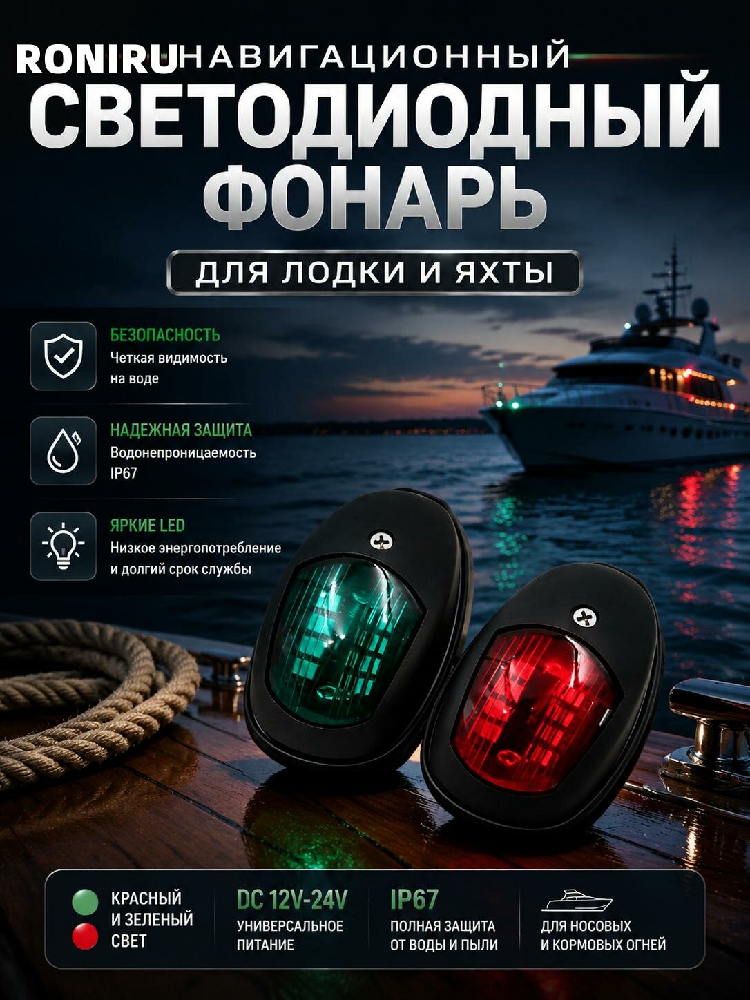 Навигационный светодиодный фонарь для лодки и яхты, боковой сигнальный габарит для носовых и кормовых огней, черный, DC12V-24V IP67, красный и зеленый свет