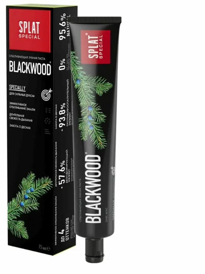 Чёрная зубная паста отбеливающая для отбеливания зубов SPLAT Special BLACKWOOD Черное дерево, без фтора, 75 мл