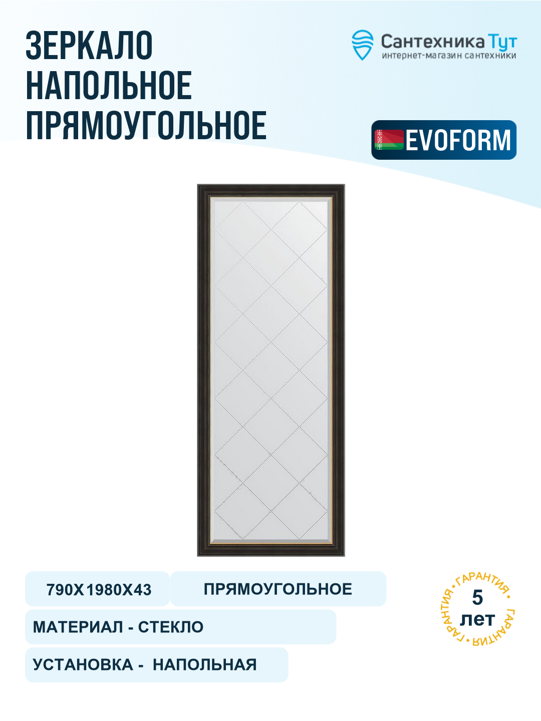 Зеркало Evoform Exclusive-G Floor 198х79 BY 6387 с гравировкой в багетной раме - Черное дерево с золотом 71 мм