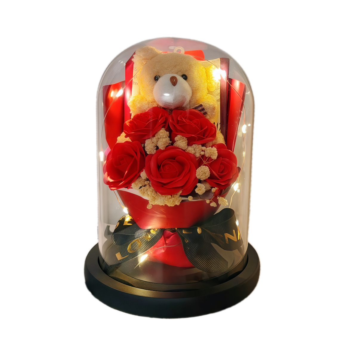 Теплый медведь унисекс Brangdy с букетом из роз под стеклянным куполом, Red Bear