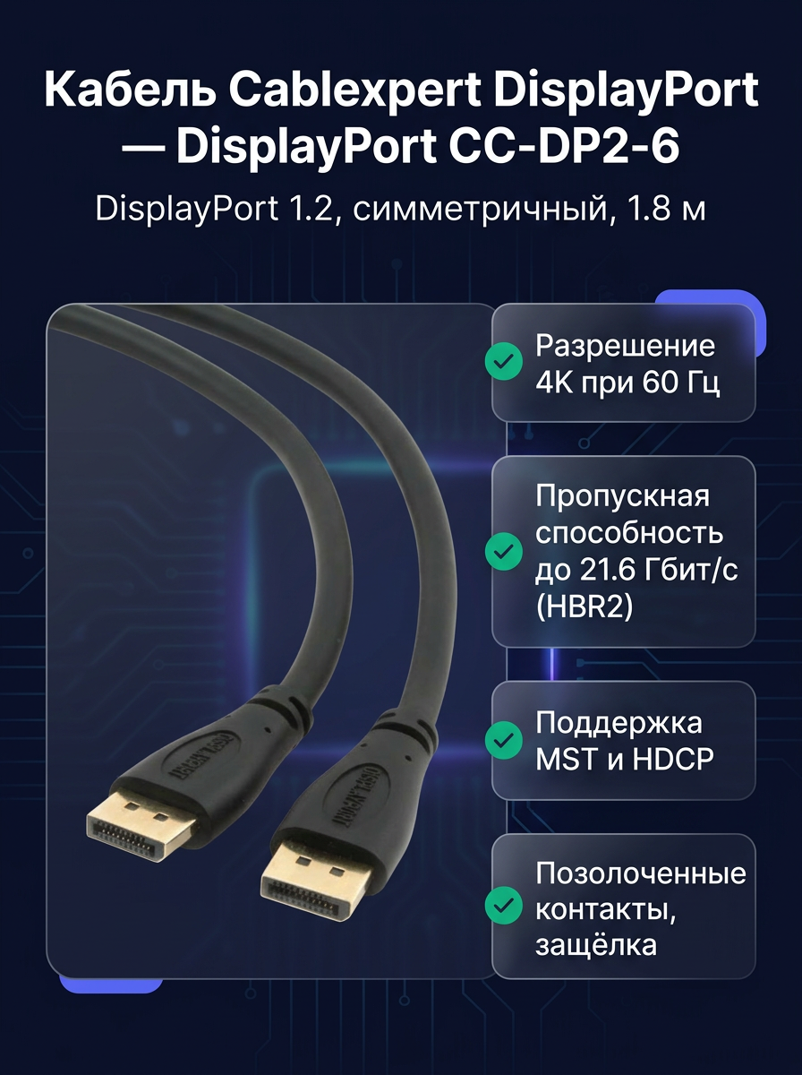 Кабель DisplayPort - DisplayPort Cablexpert CC-DP2-6, 1.8м/2м, DP 1.2, 4K 60Гц, позолоченные контакты