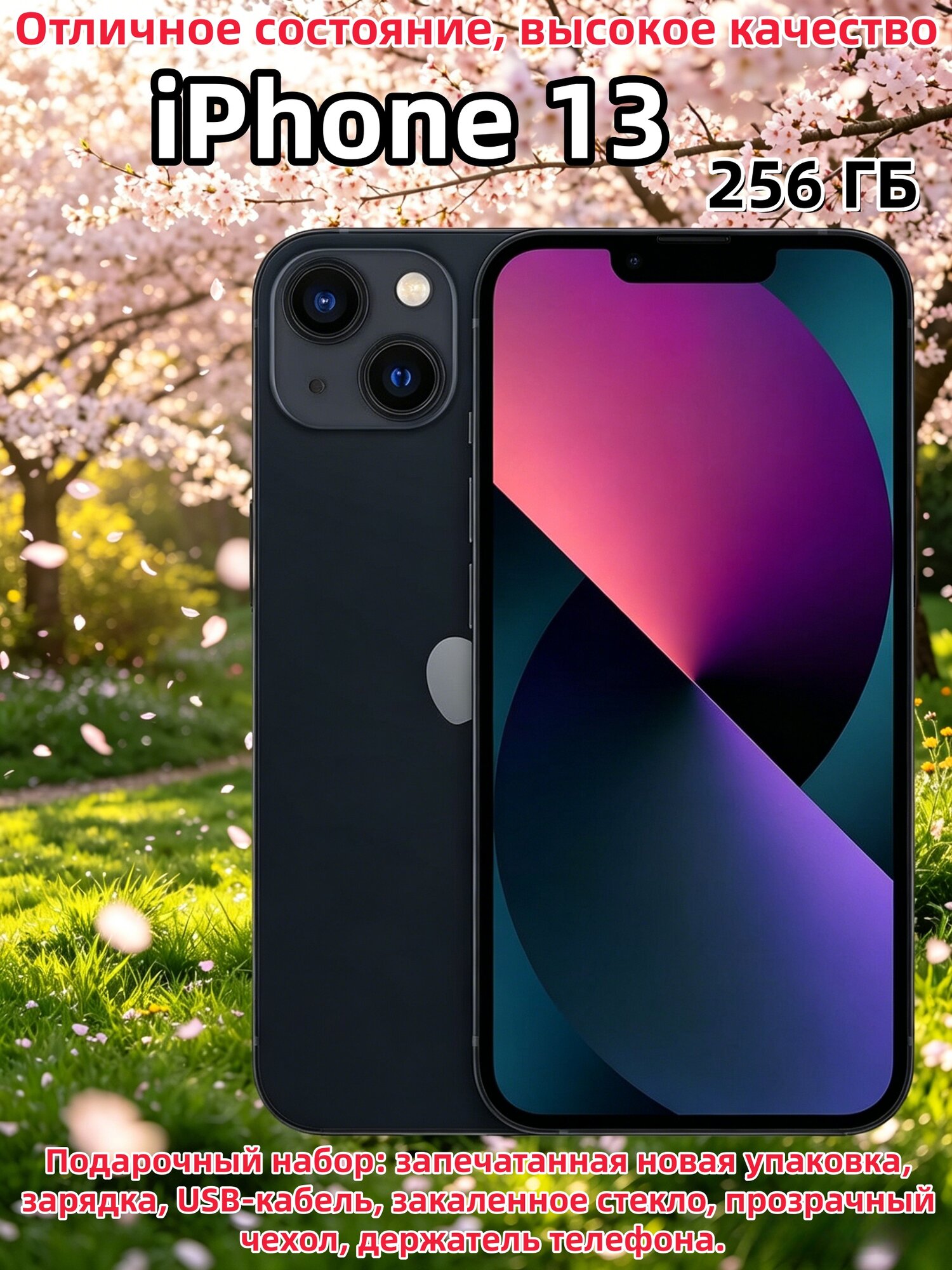 Смартфон Apple iPhone 13, 256 ГБ, дисплей XDR OLED 6,1 дюйма, поддержка двух Nano-SIM, цвет «Полуночный чёрный»