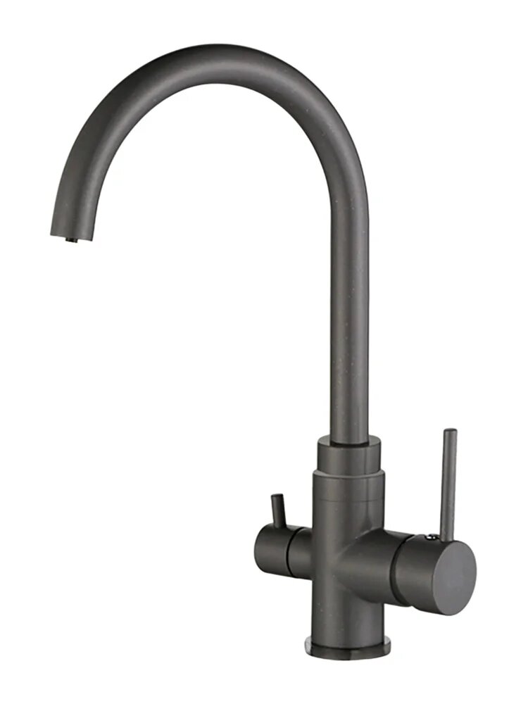Смеситель для кухни GOLDEN FOX Kitchen Pro 11027 с краном для питьевой воды, с поворотным изливом, серый, матовый, однорычажный, нержавеющая сталь, с керамическим картриджем