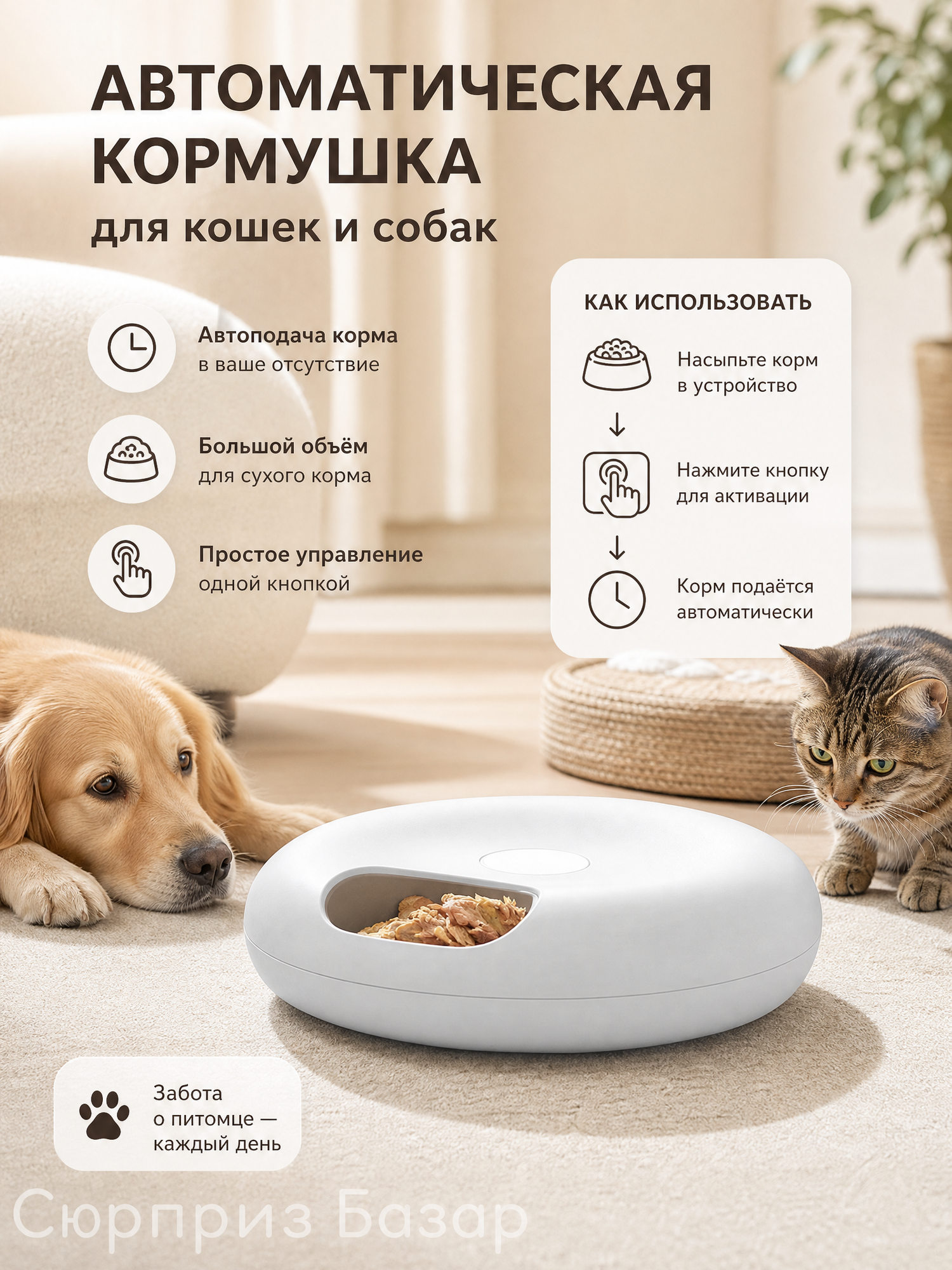 Умный дозатор кормов , Wi-Fi, для кошек/собак, 6 блюд, двойной источник питания