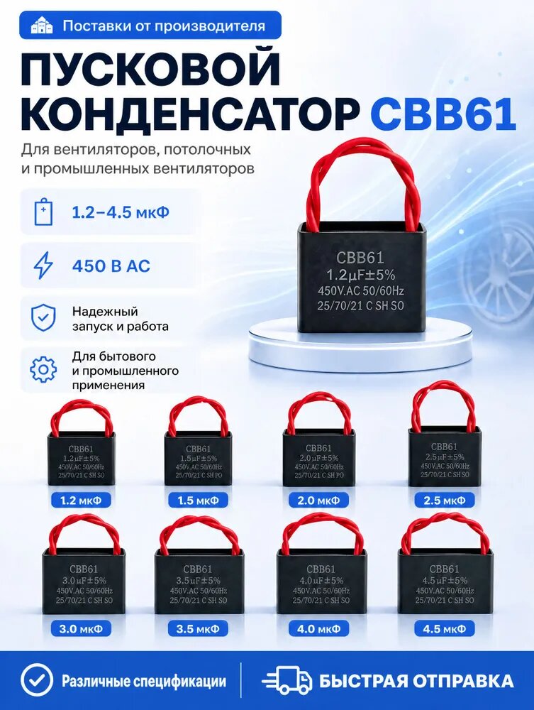 Конденсатор пусковой CBB61 для вентилятора 1.2 мкФ 450В AC, для ремонта неисправности вентилятора бытового и промышленного назначения