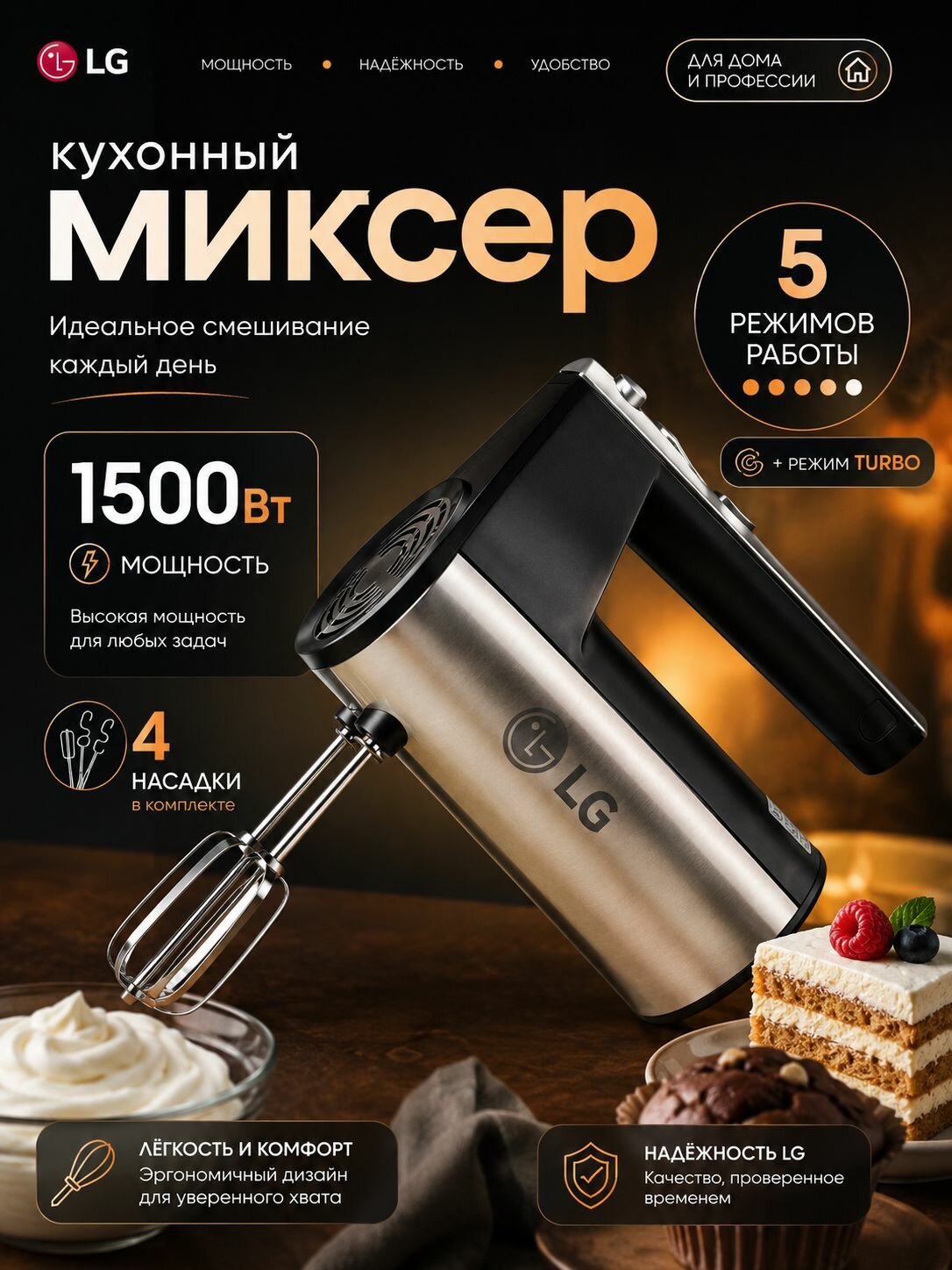 Миксер кухонный электрический, ручной, 1500 Вт, с насадками