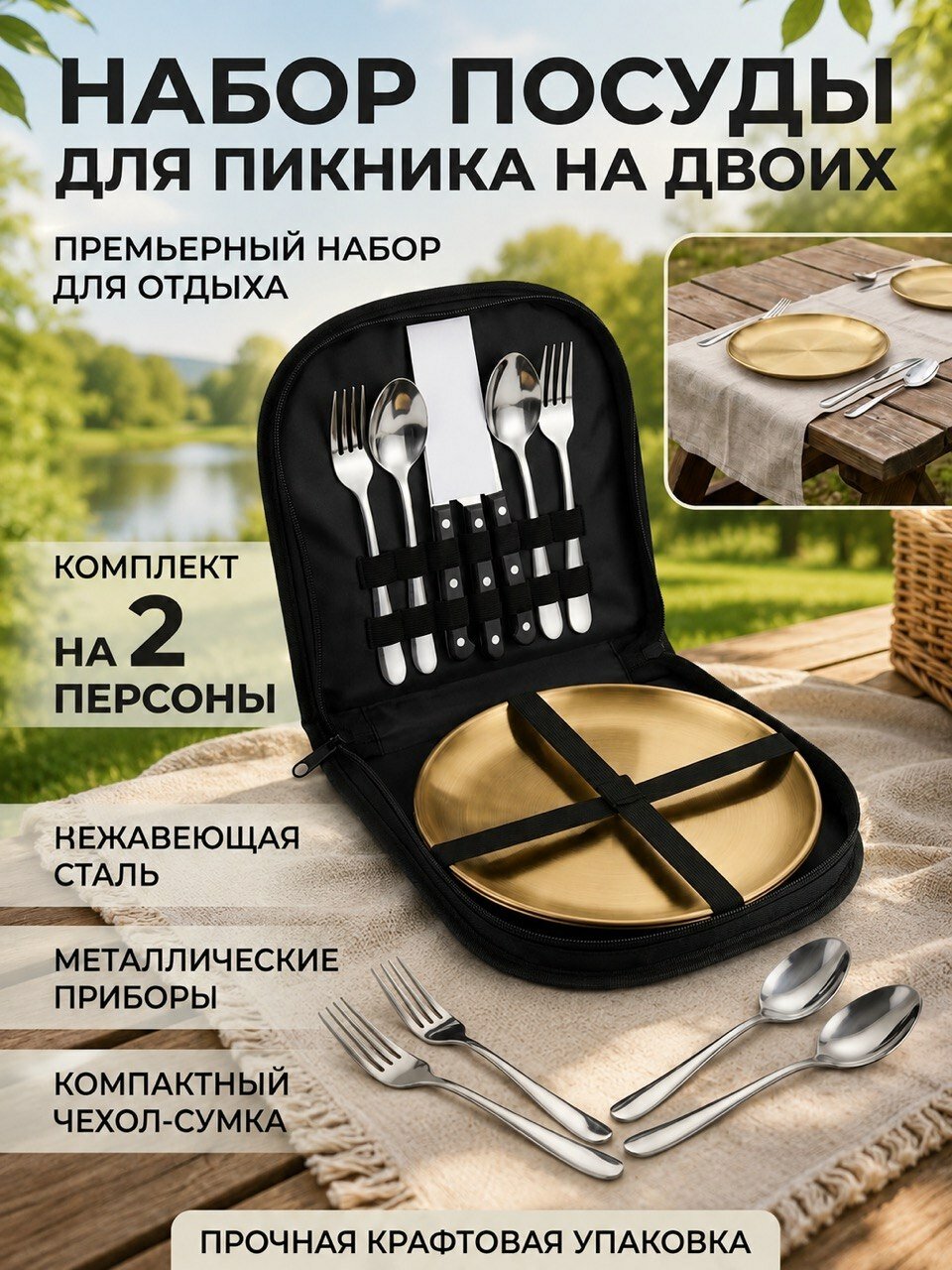 Набор посуды для пикника на 2 персоны, сумка/чехол в комплекте