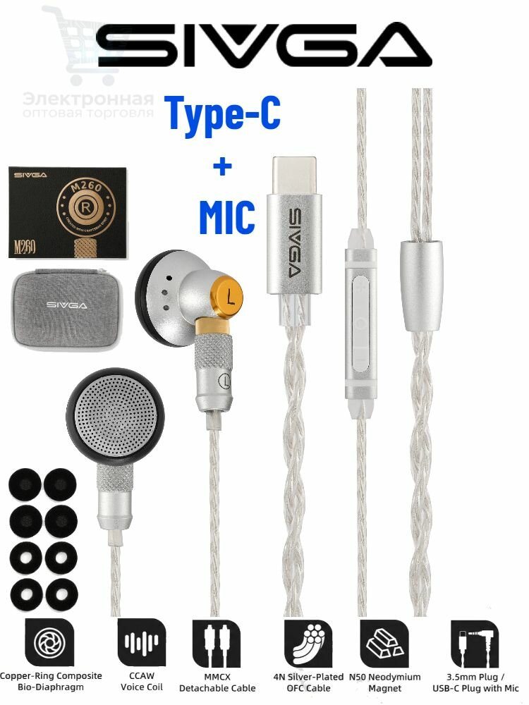 SIVGA M260 Проводные наушники с плоской головкой HiFi, динамический динамик 14,2 мм, Type-C с микрофоно