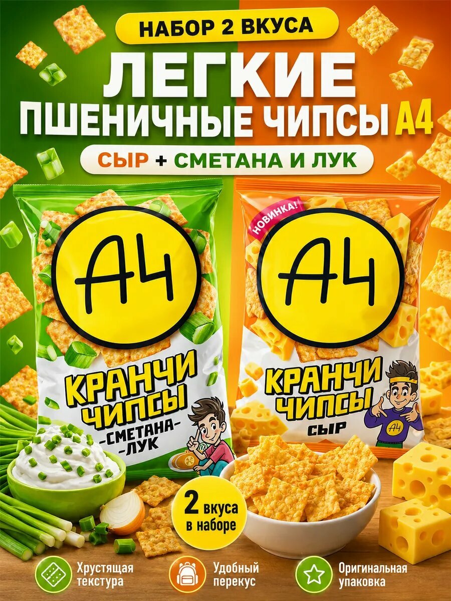 Набор Чипсы А4 кранчи со вкусом сметана лук и сыр