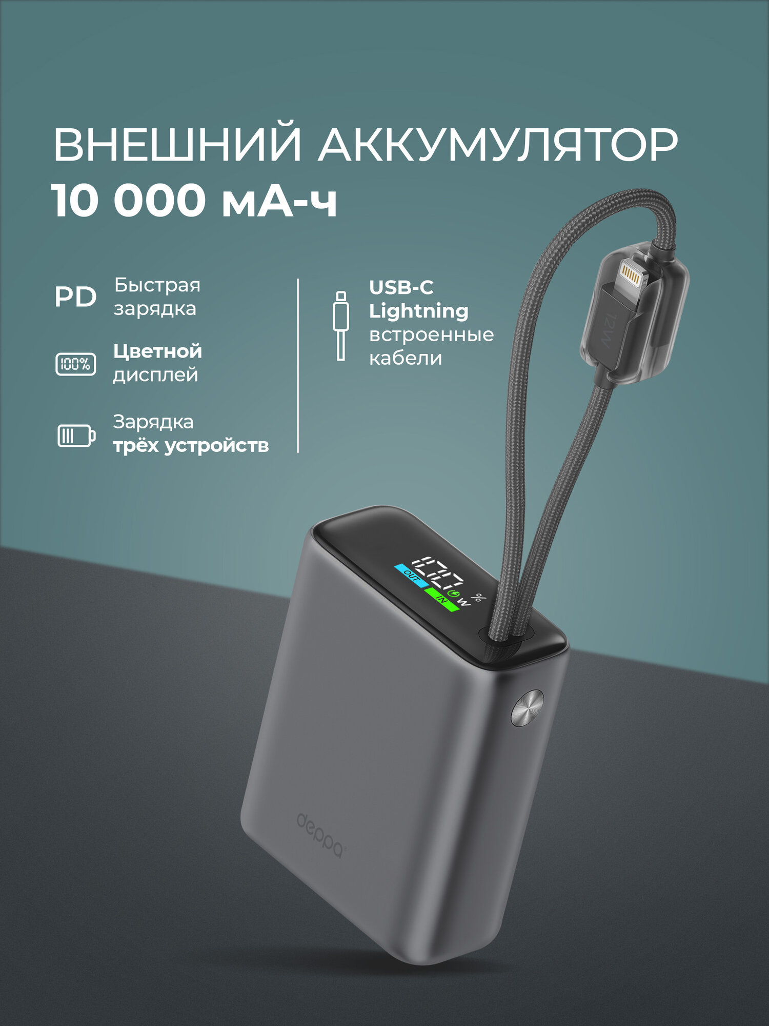 Внешний аккумулятор NRG Turbo 10000 мА-ч (38,5 Вт-ч), 35Вт вых, USB-C / Lightning кабели, цветной дисплей, серый, 33719