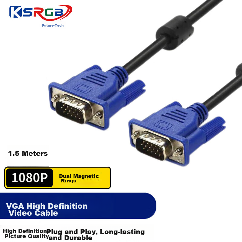 Кабель VGA KSRGB 1.5м с двойным магнитным кольцом синий конец чистая медь 3+6 жил Модель：Кабель VGA 1.5м