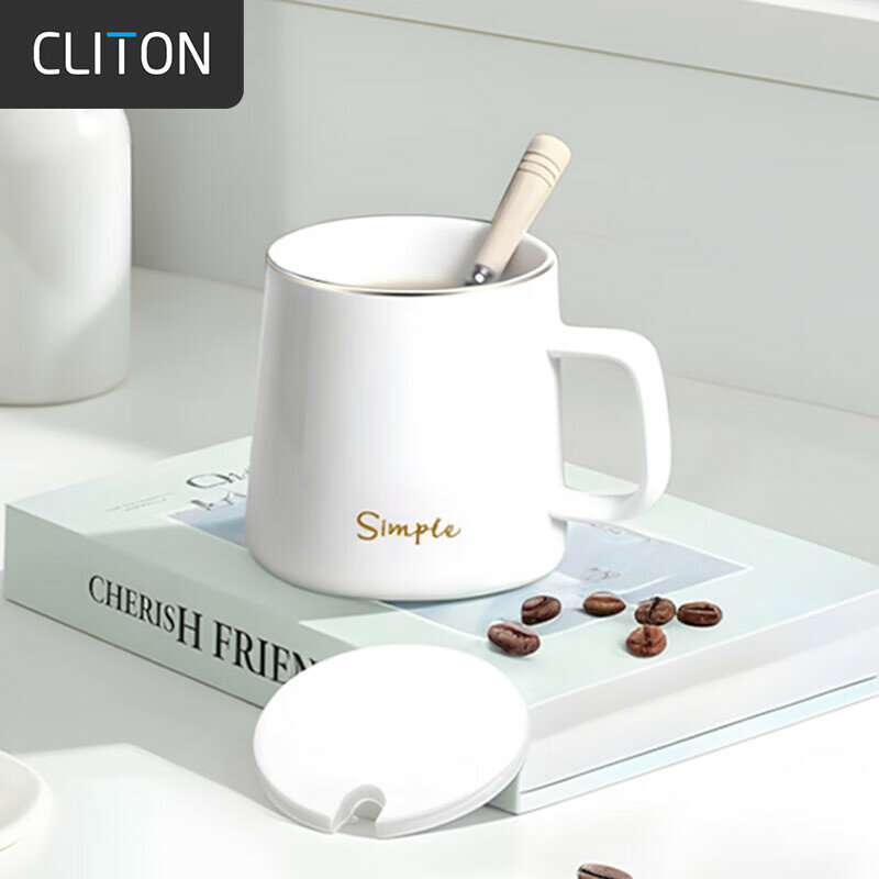CLITON фарфоровая кружка с ложкой и крышкой 350 мл для кофе чая завтрака офиса Стиль：Белая фарфоровая кружка 350 мл с