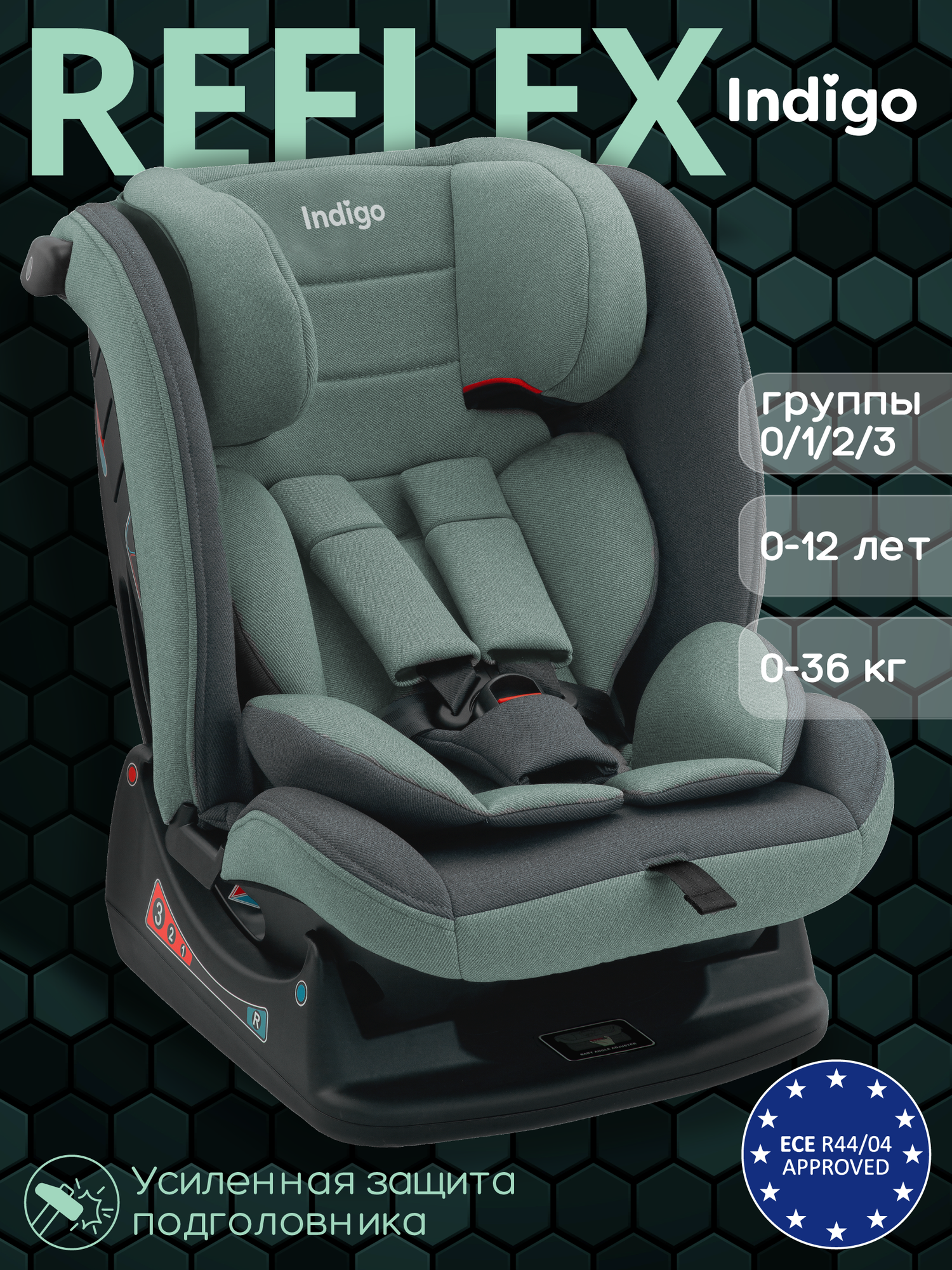 Автокресло Indigo REFLEX растущее 0-36 кг, группа 0,1,2,3, зеленый-серый