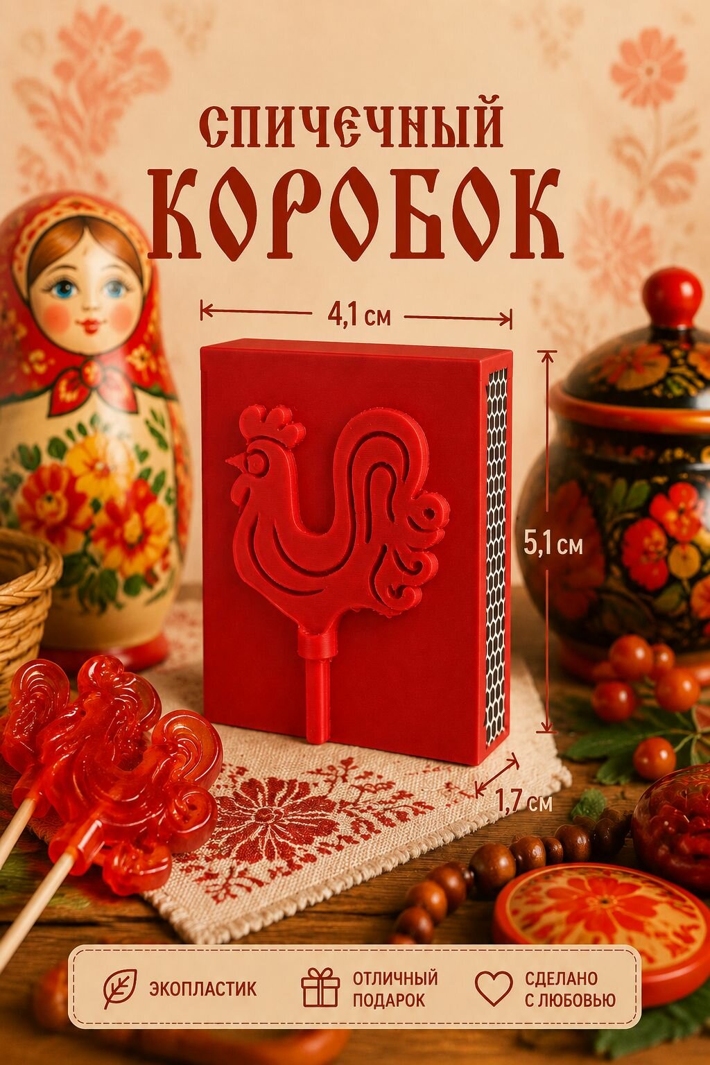 Спичечный коробок, пластик, для коротких спичек, с декором Петушок