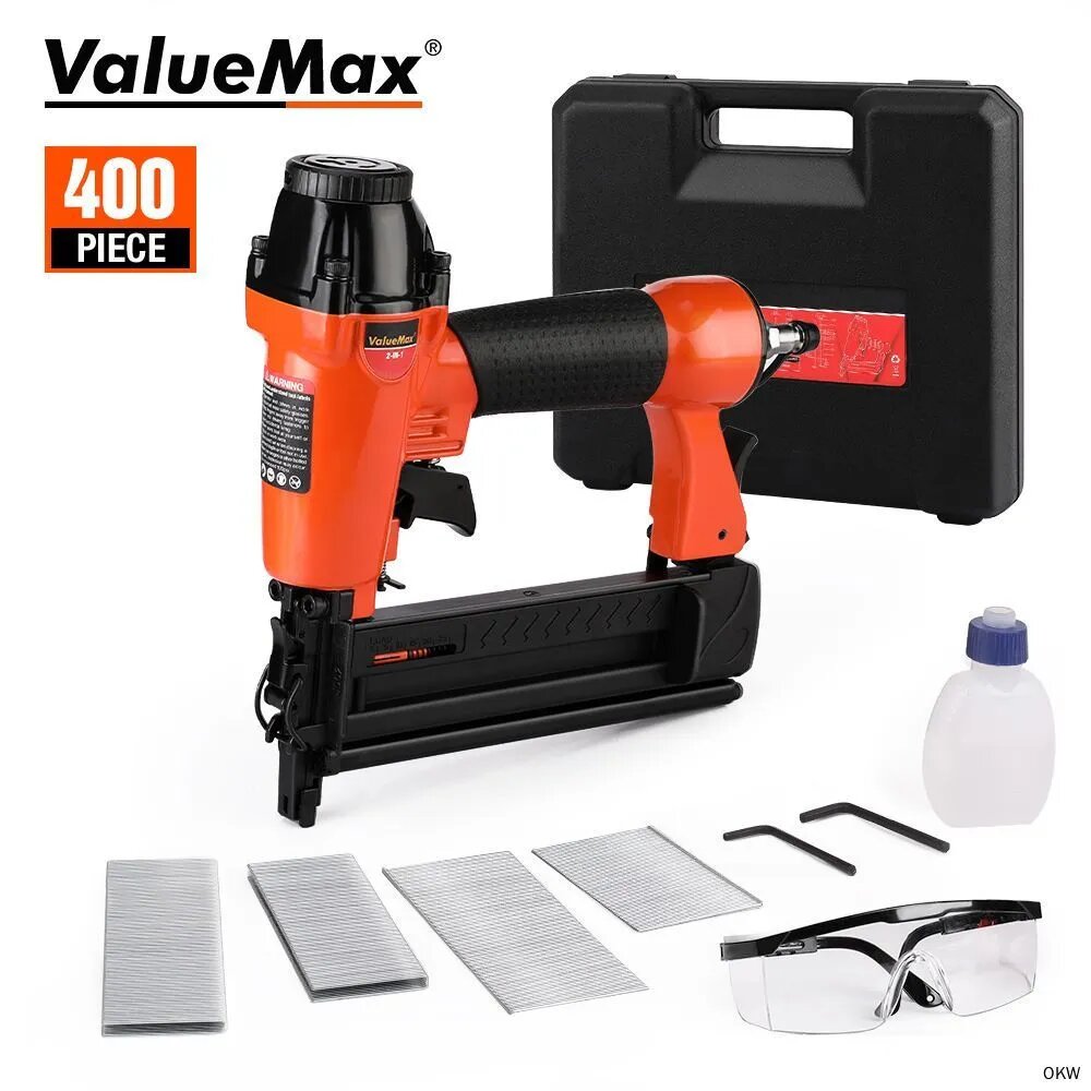 ValueMax Нейлер пневматический 2 в 1 (гвозди 18GA 15-50мм + скобы 15-40мм), строительный степлер, в комплекте 400 шт + кейс