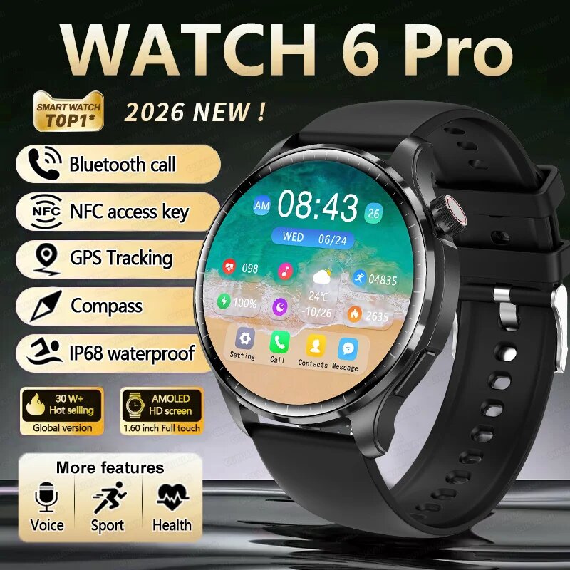 Smartwatch 2026 GPS Bluetooth Call IP68 AMOLED для мужчин и женщин Черный, Black