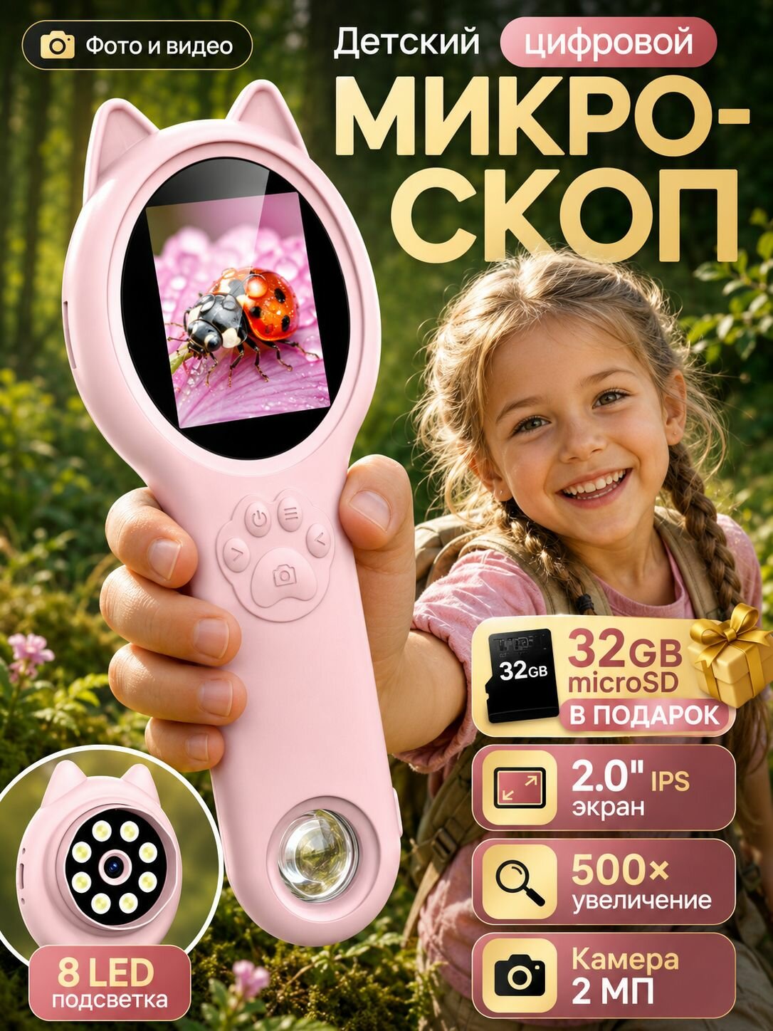 Портативный детский микроскоп с картой памяти объемом 32 ГБ