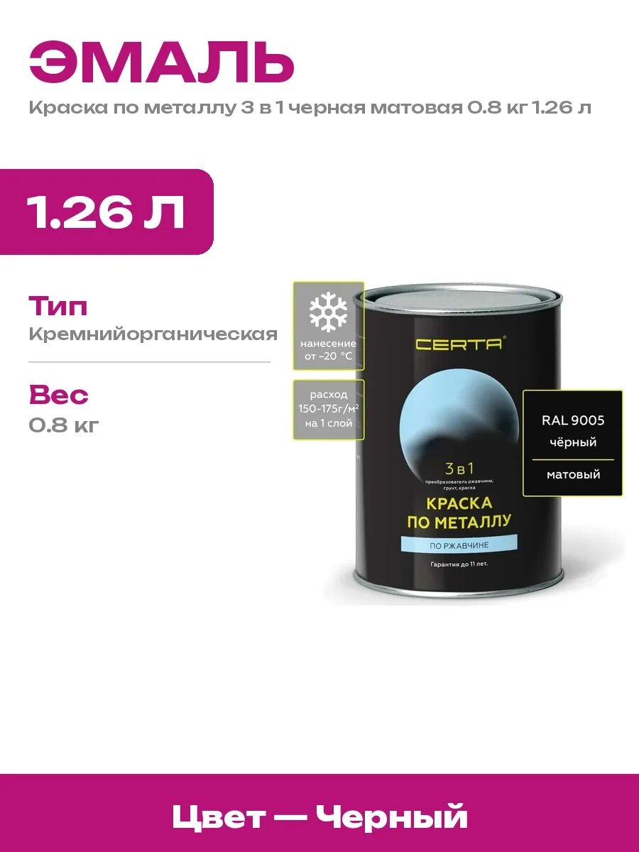 Эмаль антикоррозийная для металла черная 0.8 кг 1.26 л