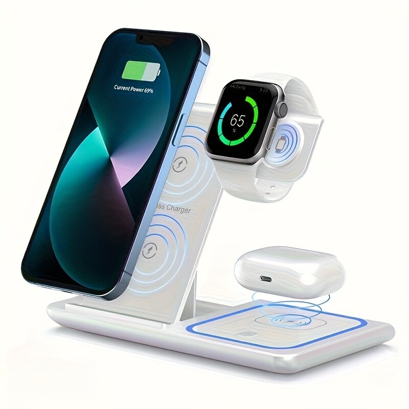 3-в-1 беспроводное зарядное устройство 15W быстрая зарядка для iPhone 16 15 14 13 12 X Pro Max, Apple Watch, AirPods, белый