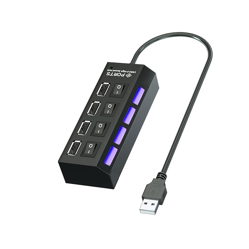 USB-хаб 4 порта USB 2.0 с LED-индикатором, независимые переключатели, 5V, компактный дизайн для клавиатур, мышей и карт памяти
