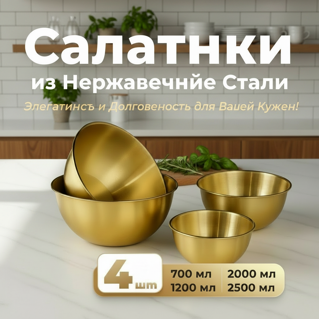 Кухонные миски Shiny Kitchen из нержавеющей стали 2.5 литра золотые набор 4 шт