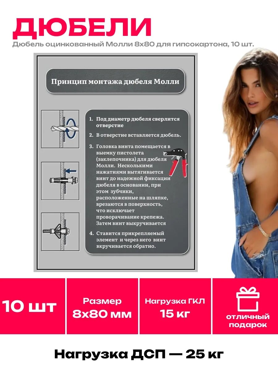 Дюбель для монтажа в гипсокартон 8х80 мм 10 шт для полок