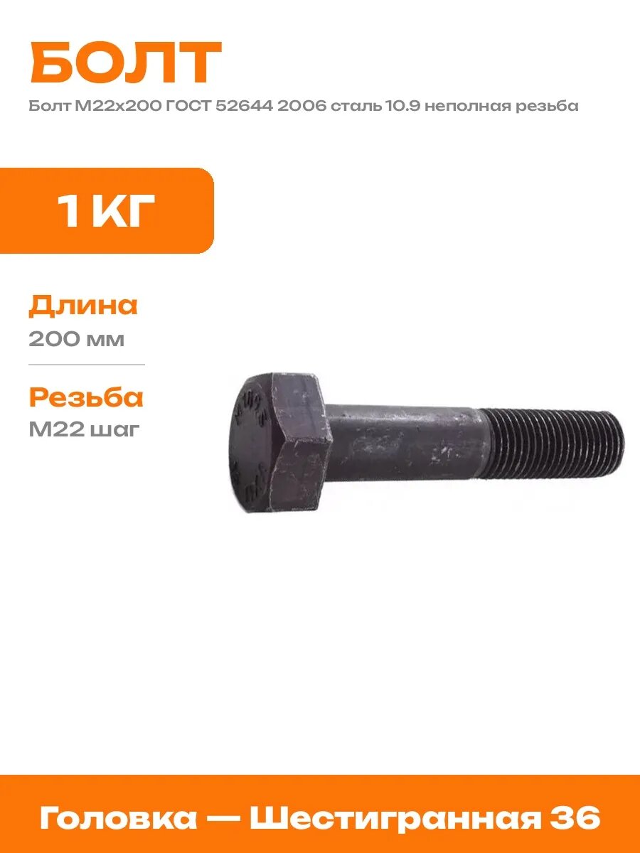 Болт шестигранный М22х200 сталь 10.9 без покрытия 1 шт