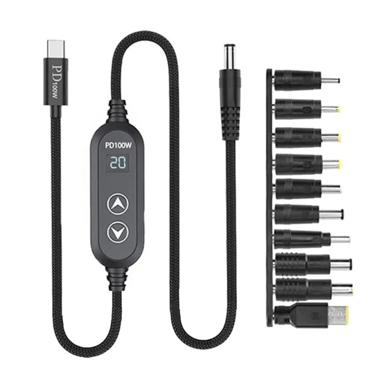 Кабель питания USB C to DC5.5x2.1mm, 100W, 5V/12V/15V/19V/20V, 10 адаптеров для ноутбуков