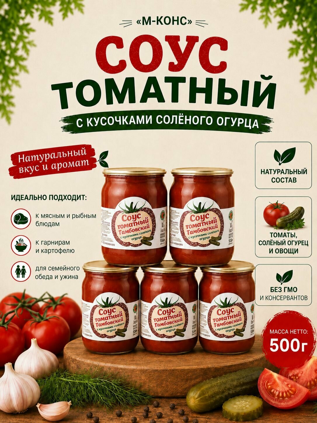 Соус томатный Тамбовский с кусочками соленого огурца, 5 шт. по 500 г