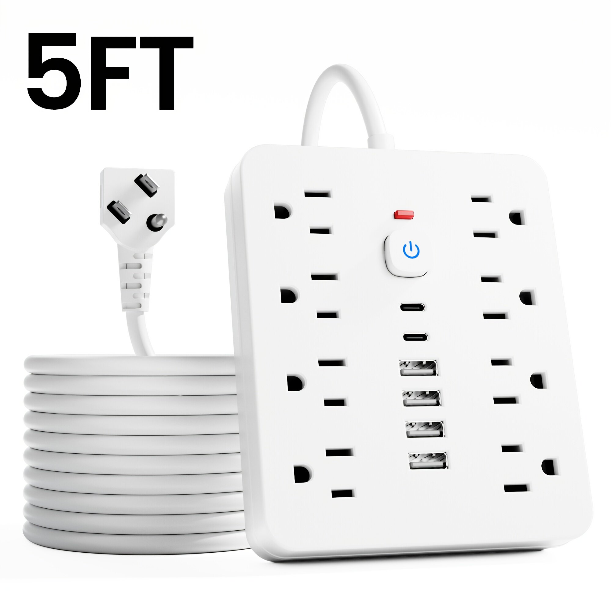 Сетевой фильтр-удлинитель 5 футов, 8 розеток, 6 USB (2 USB-C), компактная настольная зарядная станция для офиса, школы, общежития, белый