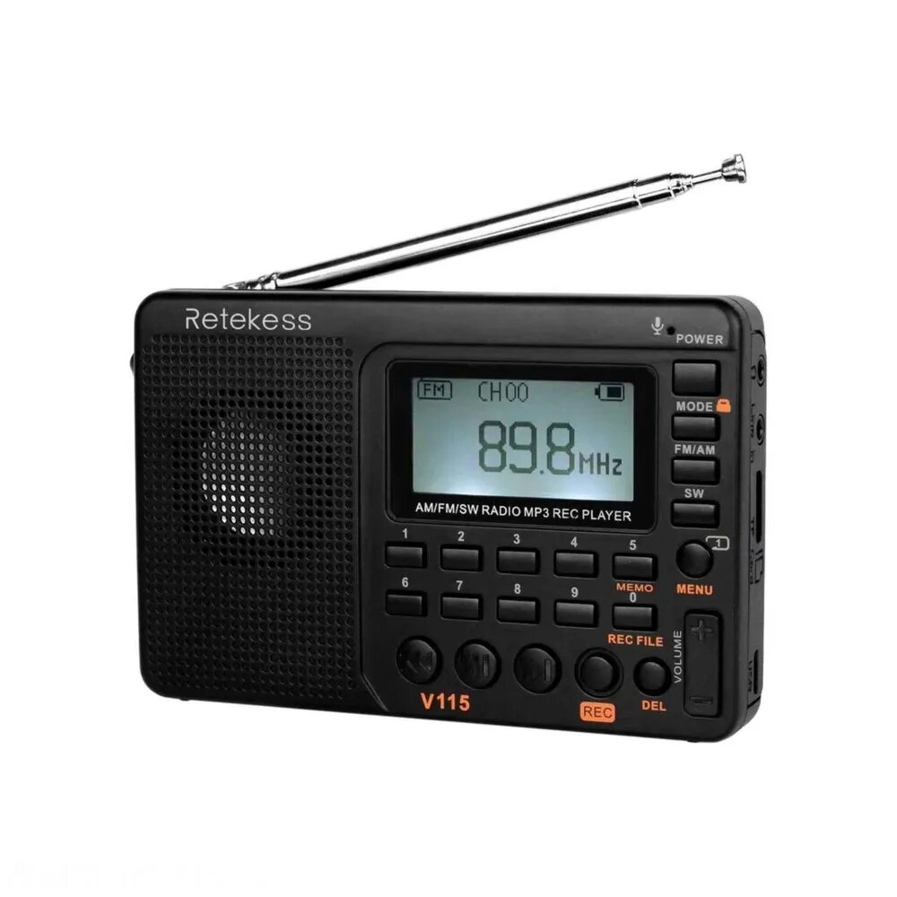 Магнитола Retekess V115, портативный радиоприемник, черный, MP3 плеер, microSD, FM/AM/SW