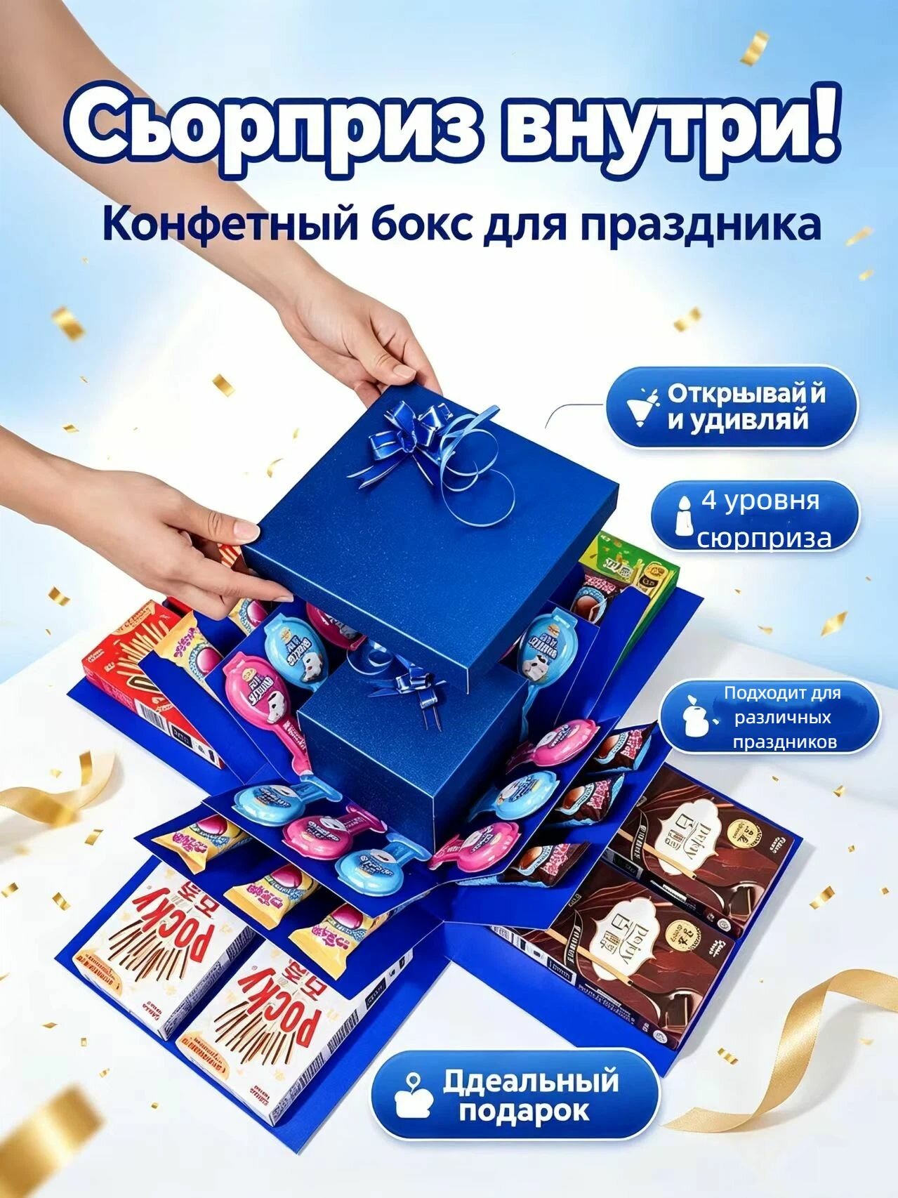 Синяя пятислойная коробка сюрприз 10 дюймов для подарков на день рождения и юбилей подарочная коробка день рождения юбилей