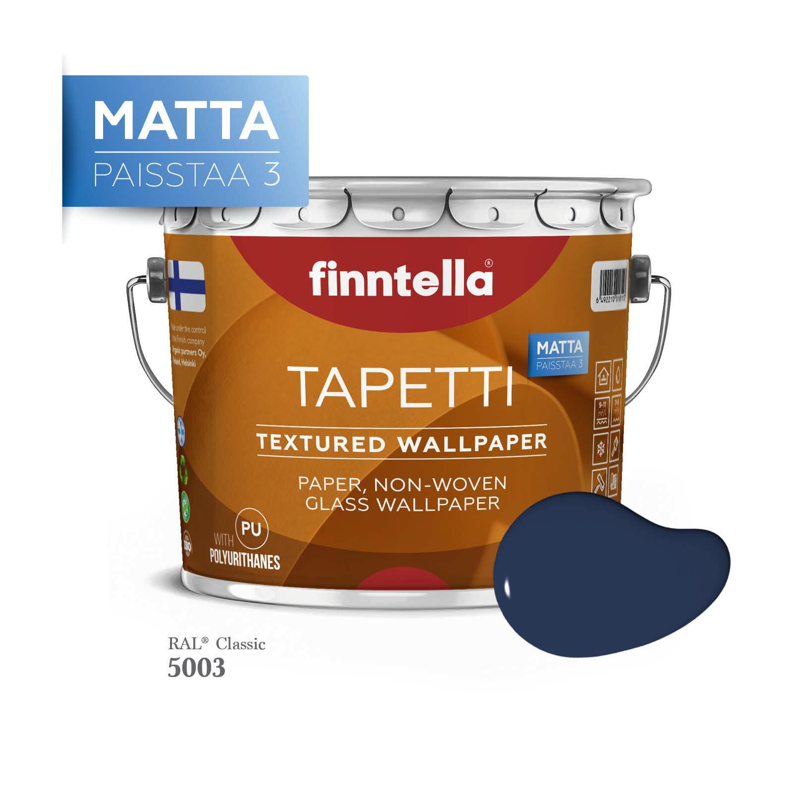Матовая краска для обоев под окраску TAPETTI Matta FINNTELLA, Цвет RAL 5003 Сапфирово-синий (Sapphire blue), 2,7л