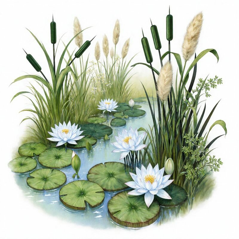 Наклейка на автомобиль "Пруд с кувшинками" 1 шт, самоклеящаяся водонепроницаемая виниловая, прозрачная голубая вода, белые лилии с желтыми серединками, зеленые кувшинки, водные растения, рогоз, детали рыб, для окон, кузова, ноутбуков, шлем