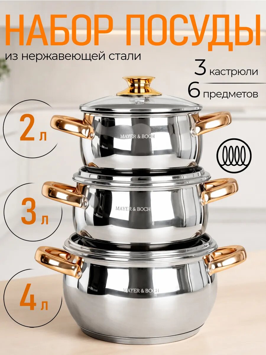 Набор кастрюль из нержавеющей стали, для всех типов плит, 6 предметов