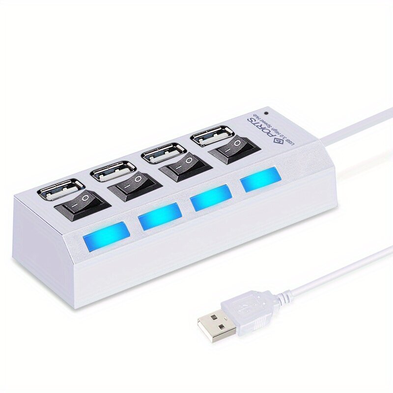 USB-хаб 2.0 на 4 порта, белый, 480 Мбит/с, с выключателями, Plug & Play, для ПК и ноутбука