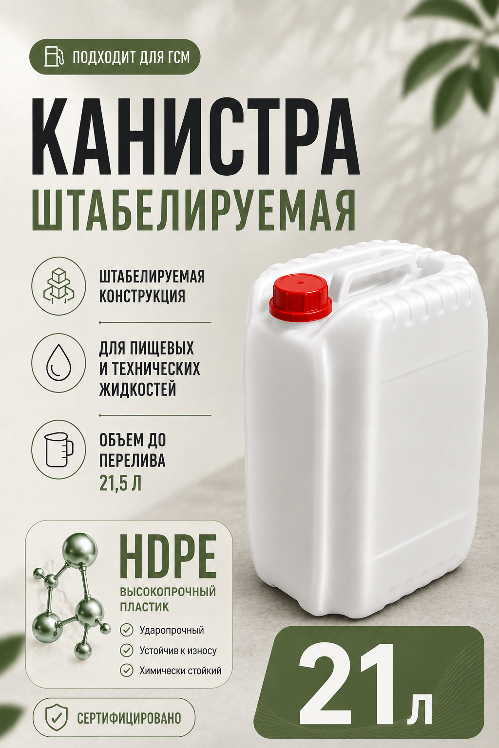 Канистра HDPE для ГСМ, 21 л